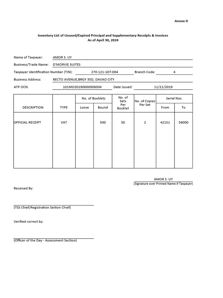 Annex D Inventory List of Unused or Expired Receipts and Invoices | PDF