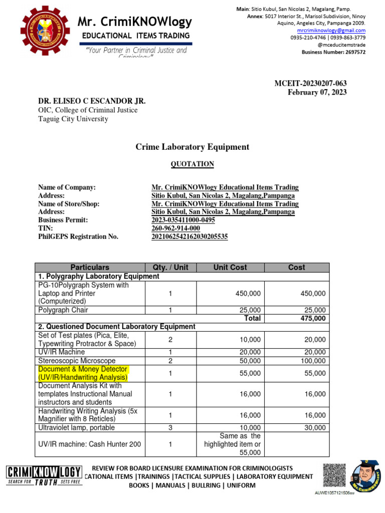Criminology Equipment Quotation for TCU | PDF | Fingerprint | Forensic ...