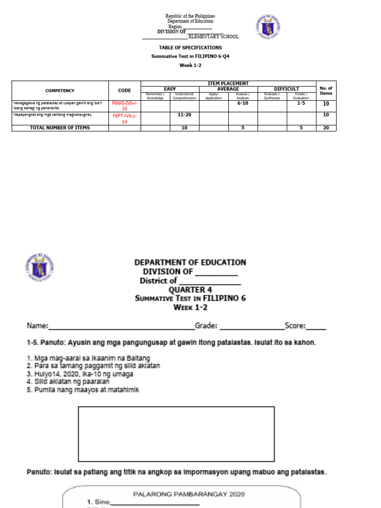 ST1 - Filipino 6 - Q4 | PDF