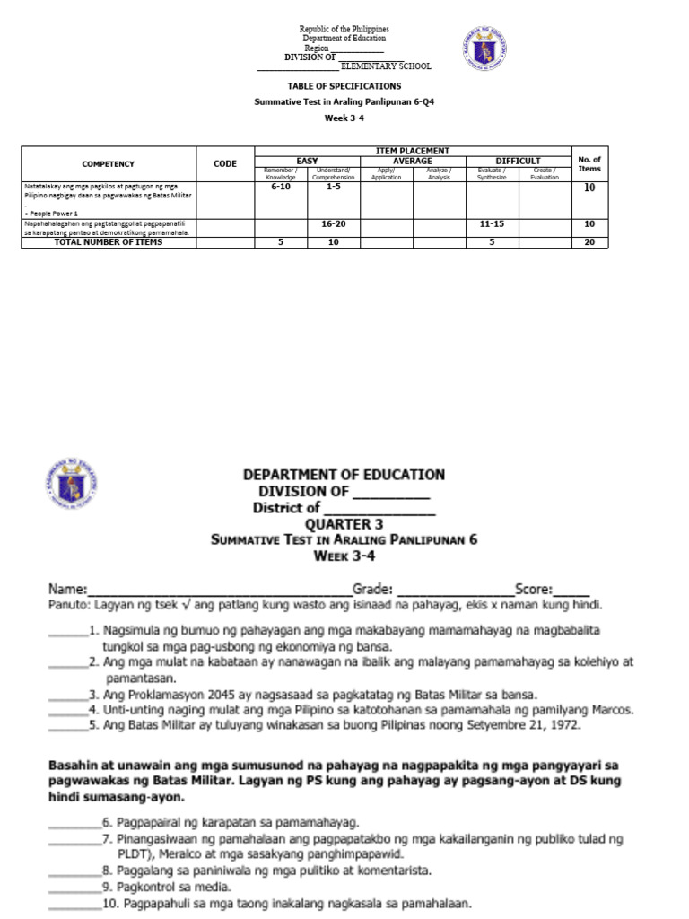 DIVISION OF - Table of Specifications Summative Test in Araling ...