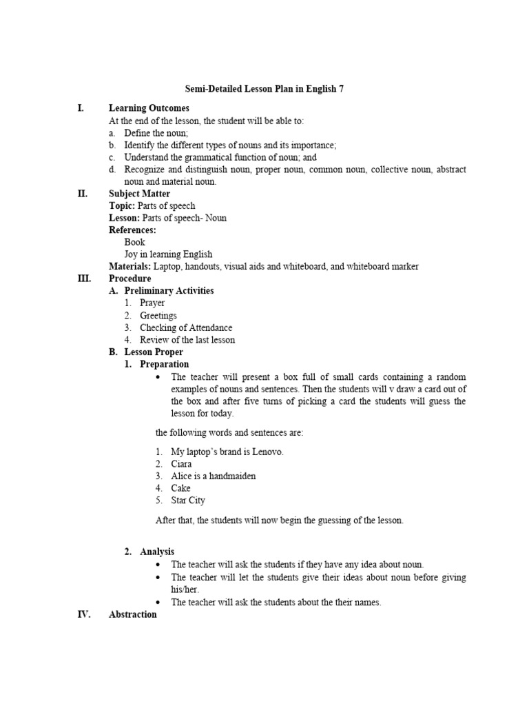Sample Semi Detailed Lesson Plan | PDF | Noun | Part Of Speech