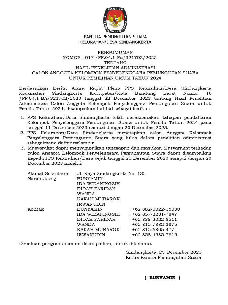 Pengumuman PPS Hasil Penelitian Administrasi | PDF