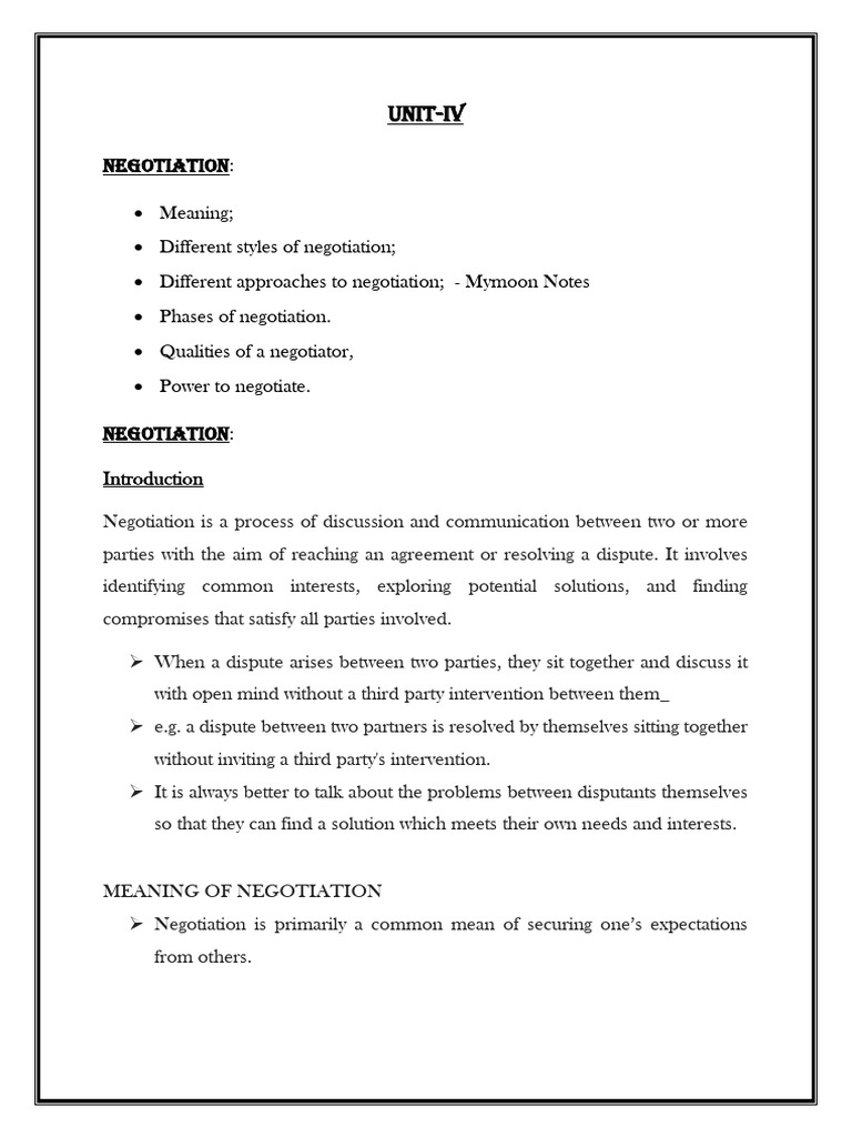 UNIT - IV Negotiation | PDF | Negotiation | Social Psychology