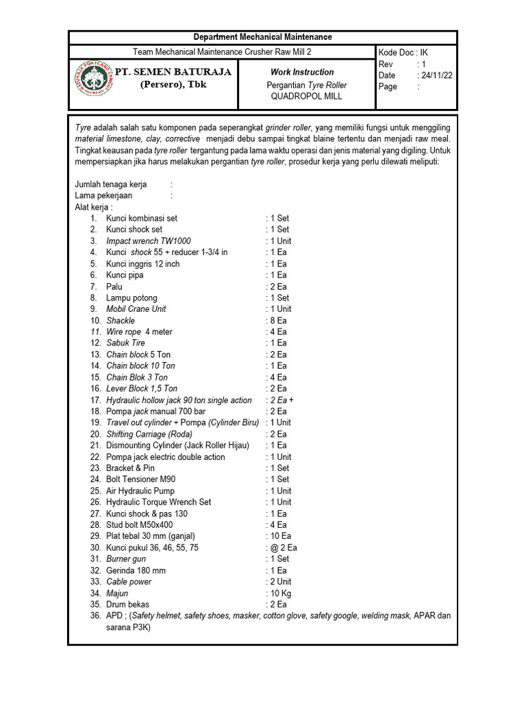 Work Instruction Penggantian Tire Quadropol Mill | PDF