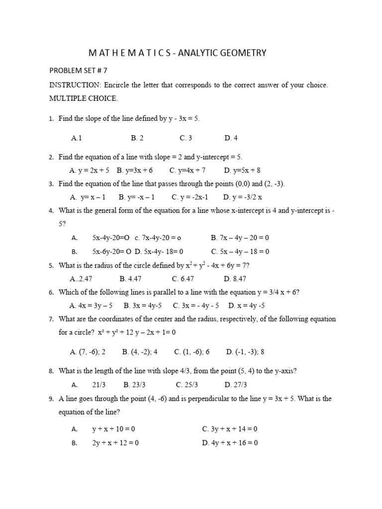 Analytic Geometry Problem Set 7 | PDF | Line (Geometry) | Mathematical ...