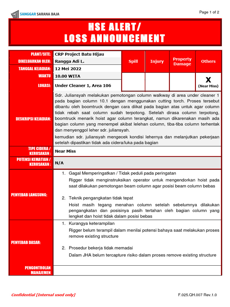 F.025.QH.007 Rev.1.0 HSE Alert Near Miss Juliansyah (Tersenggol Beam Saat Pemotongan) | PDF