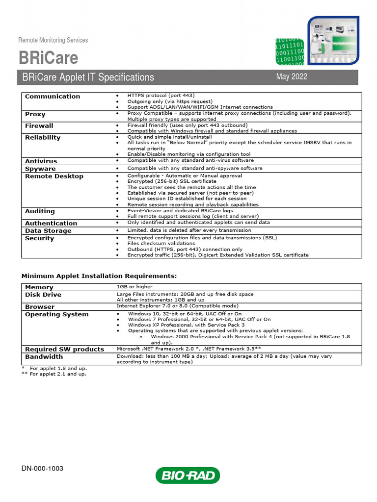 BRiCare Applet IT Specifications | PDF | Proxy Server | Transport Layer ...