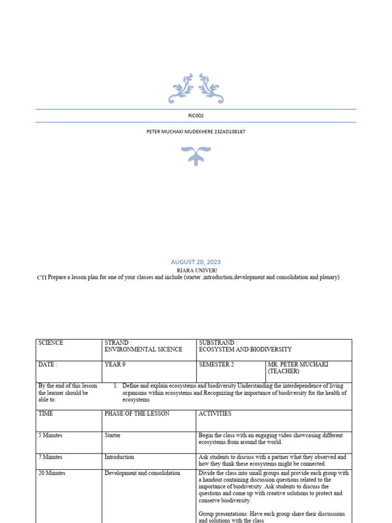 Ric 002 Lesson Plan | PDF | Biodiversity | Lesson Plan