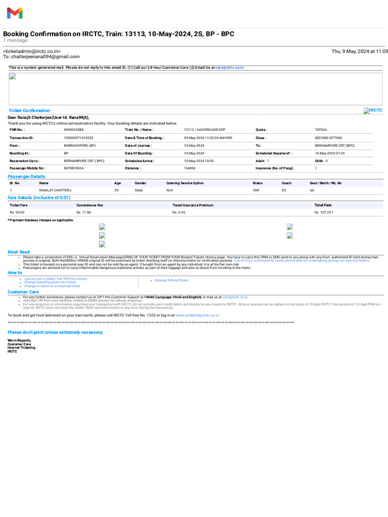 IRCTC Train Ticket Confirmation | PDF | Service Industries