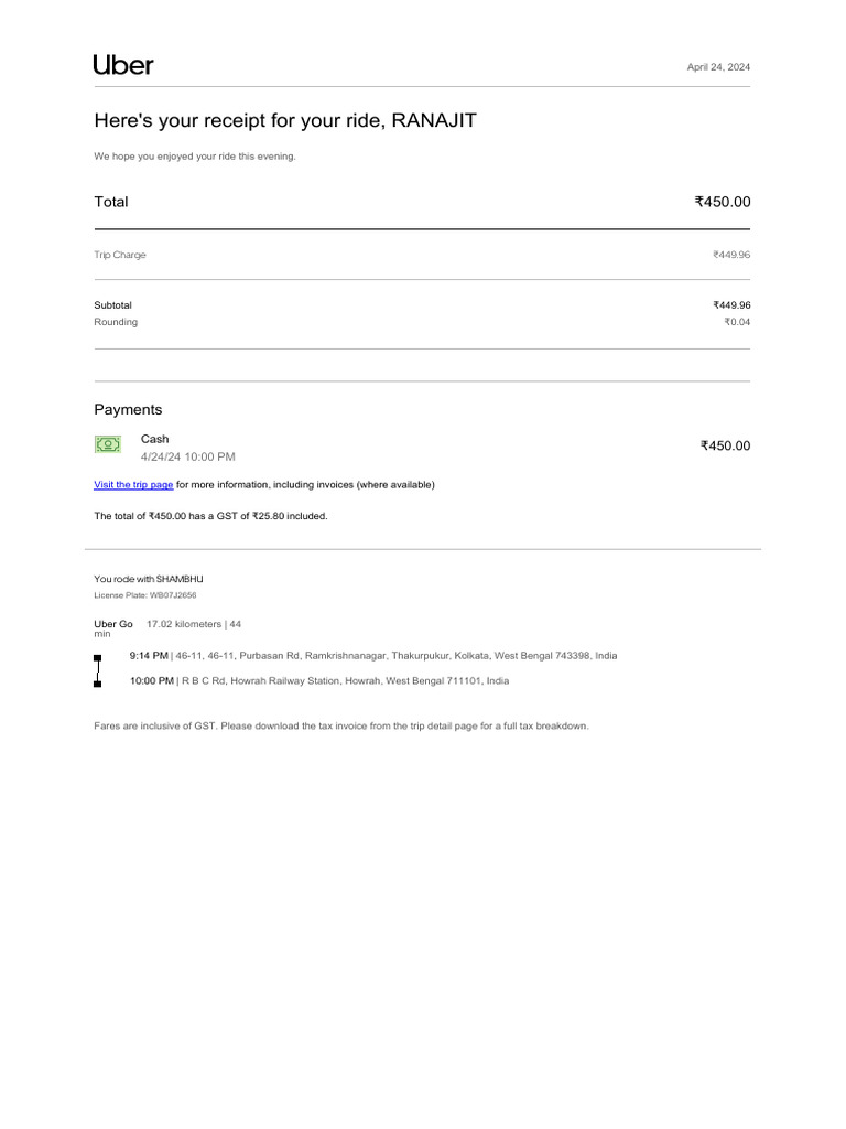 Uber Bill Home To HWH 24apr2024 | PDF