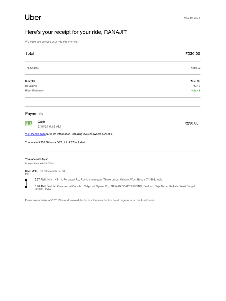 Uber Bill Home To Sdah 10may2024 | PDF
