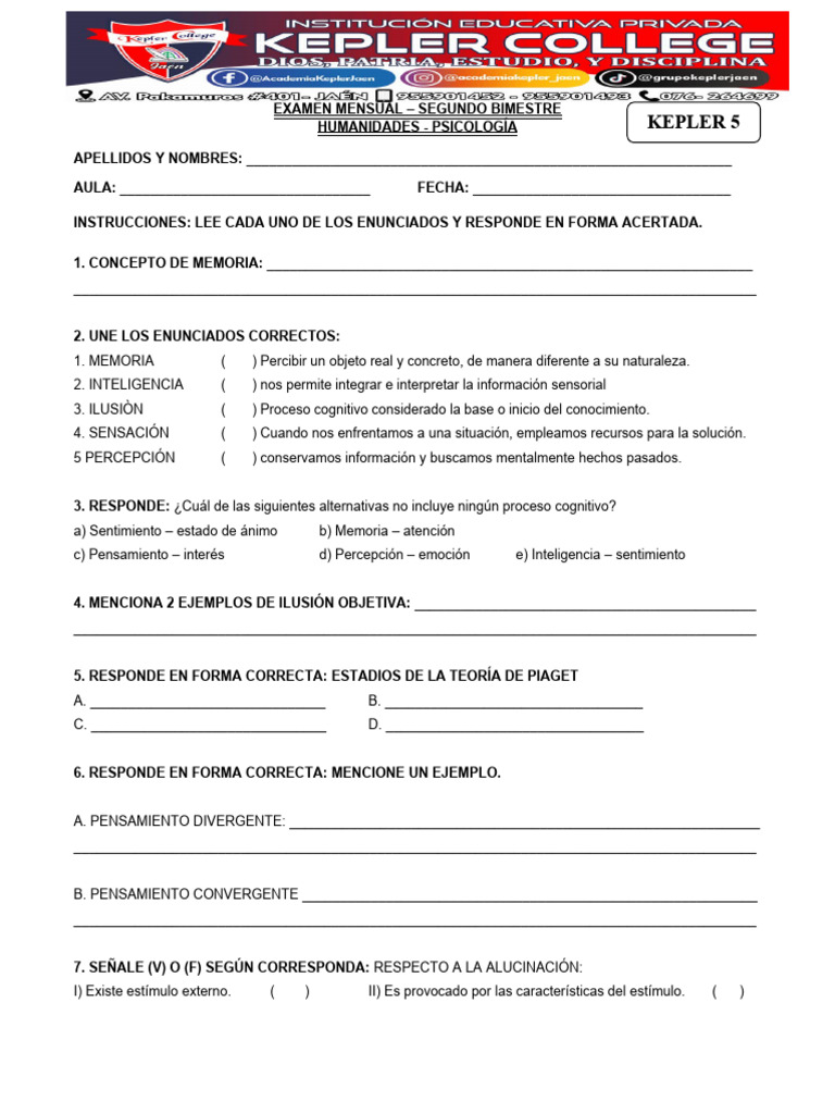 Examen Mensual Lofis K5 | PDF | Pensamiento | Percepción