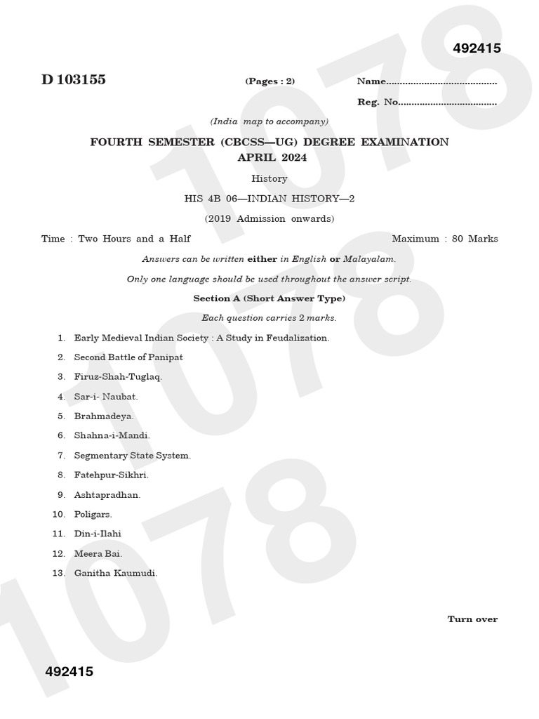 Fourth Semester (Cbcss-Ug) Degree Examination APRIL 2024 | PDF | Mughal ...