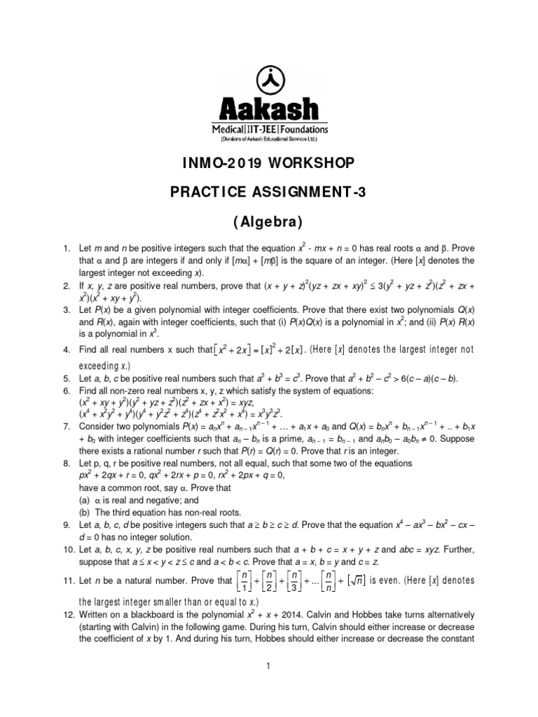 INMO-Practice Assignment-3 | PDF | Polynomial | Equations