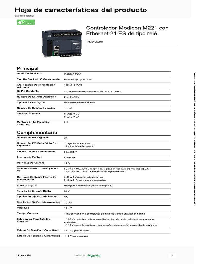 Schneider Electric Modicon-M221 TM221CE24R | PDF | Relé | Controlador ...