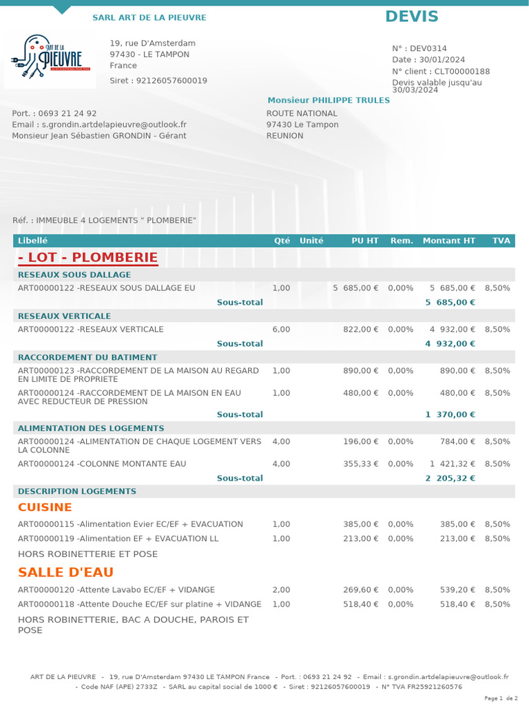 ADLP Devis - DEV0314 - PLOMBERIE | PDF | Électroménager | Matériaux de construction