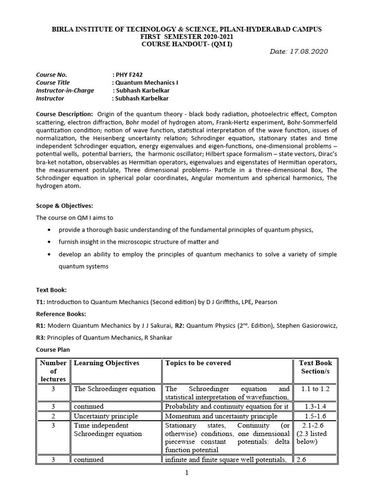 Phy F242 Quantum Mechanics I First Semester 2020-21 - Handout | PDF | Quantum Mechanics ...