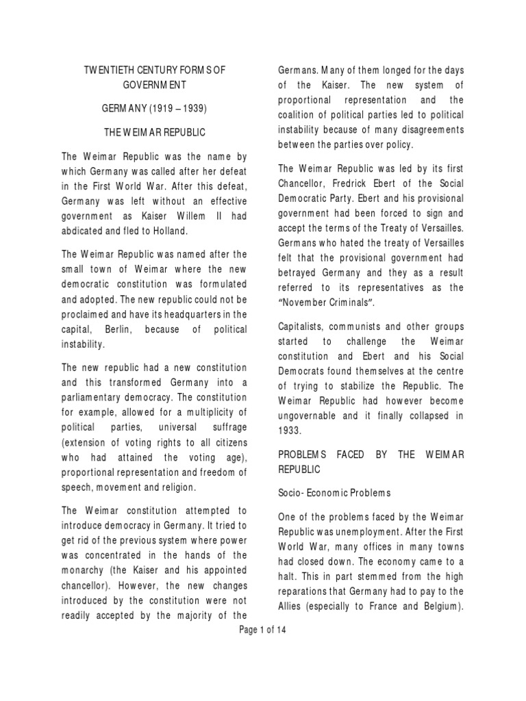 Twentieth Century Forms of Government | PDF | Weimar Republic | Nazi ...
