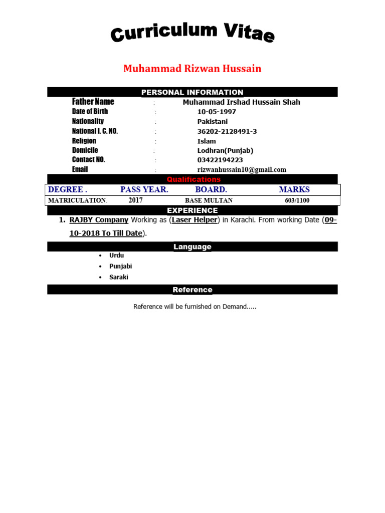 Muhammad Rizwan Hussain CV | PDF