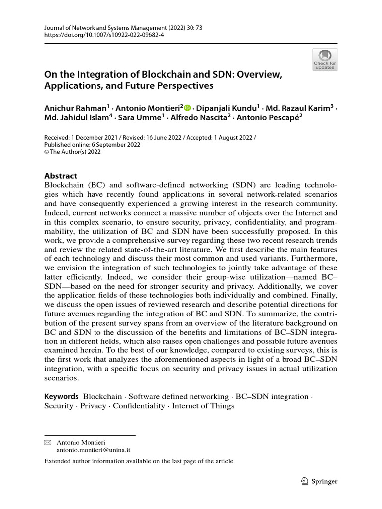 On The Integration of Blockchain and SDN Overview, Applications, and ...