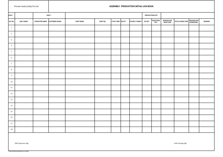 Assembly Production Log Book Template | PDF