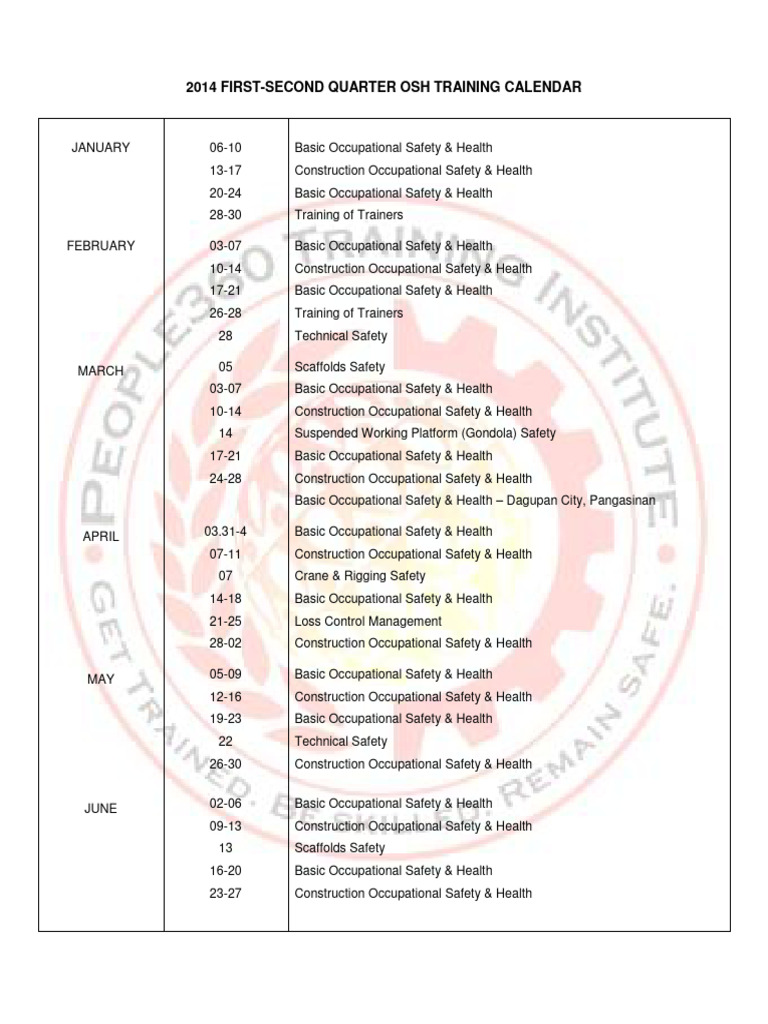 P360 2014 Osh Training Calendar | PDF