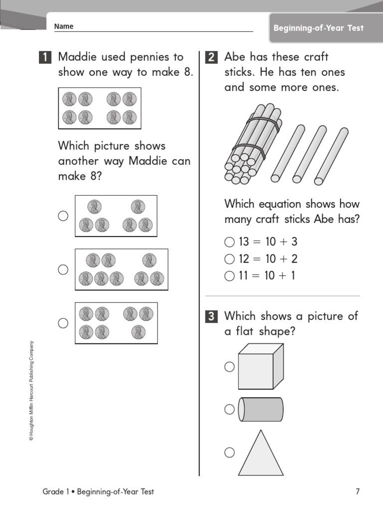 Math Pre Test Grade 1 | PDF
