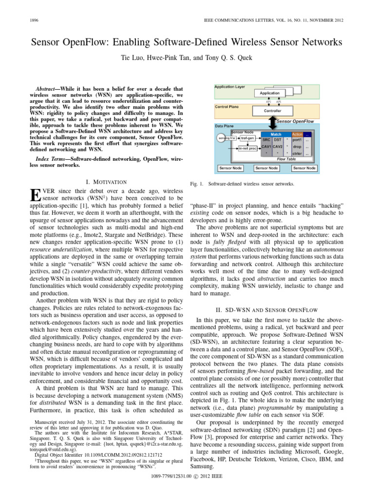 LuoTanQue - IEEECommLett1112 - WSN Openflow | PDF | Computer Network | Wireless Sensor Network
