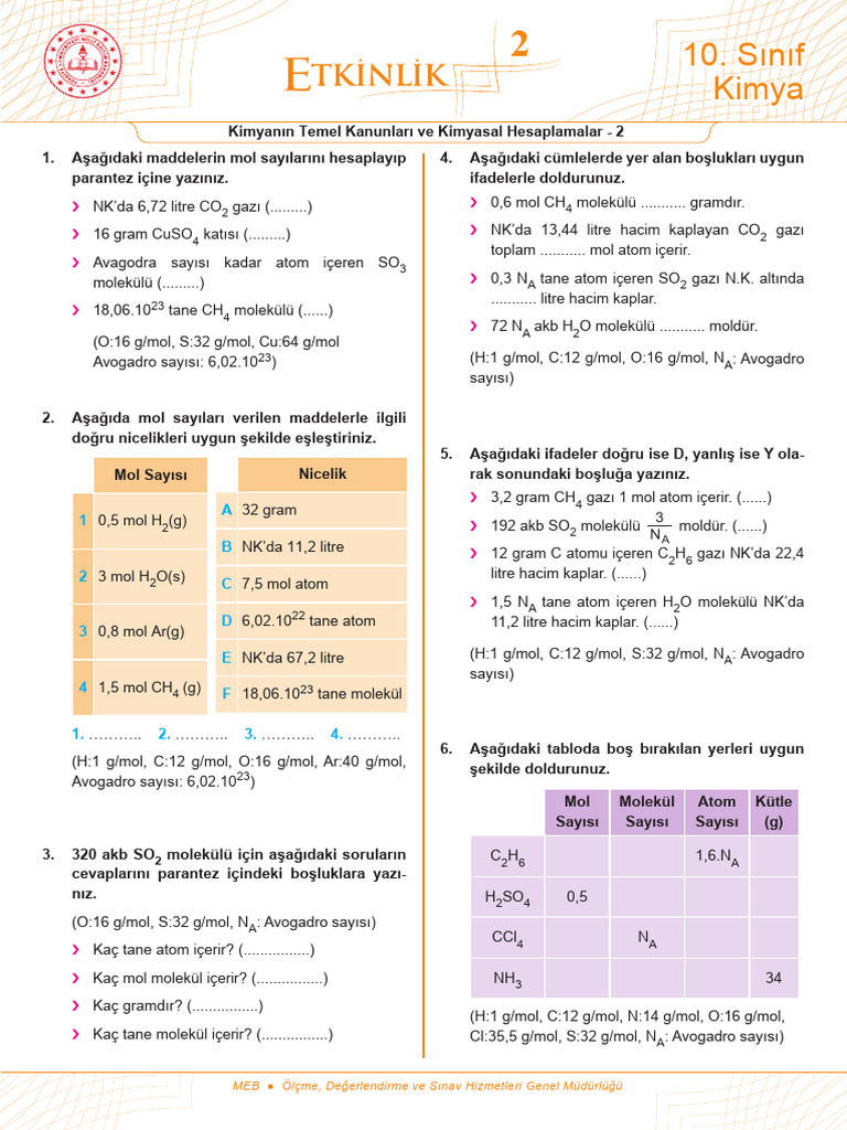 Sınıf Kimya Kimya: 1 2 3 4 A B C D E F 1. 2. 3. 4 | PDF