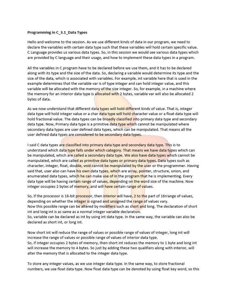 DCA1102-PROGRAMMING IN C - DE Unit 3 | PDF | Integer (Computer Science) | Data Type