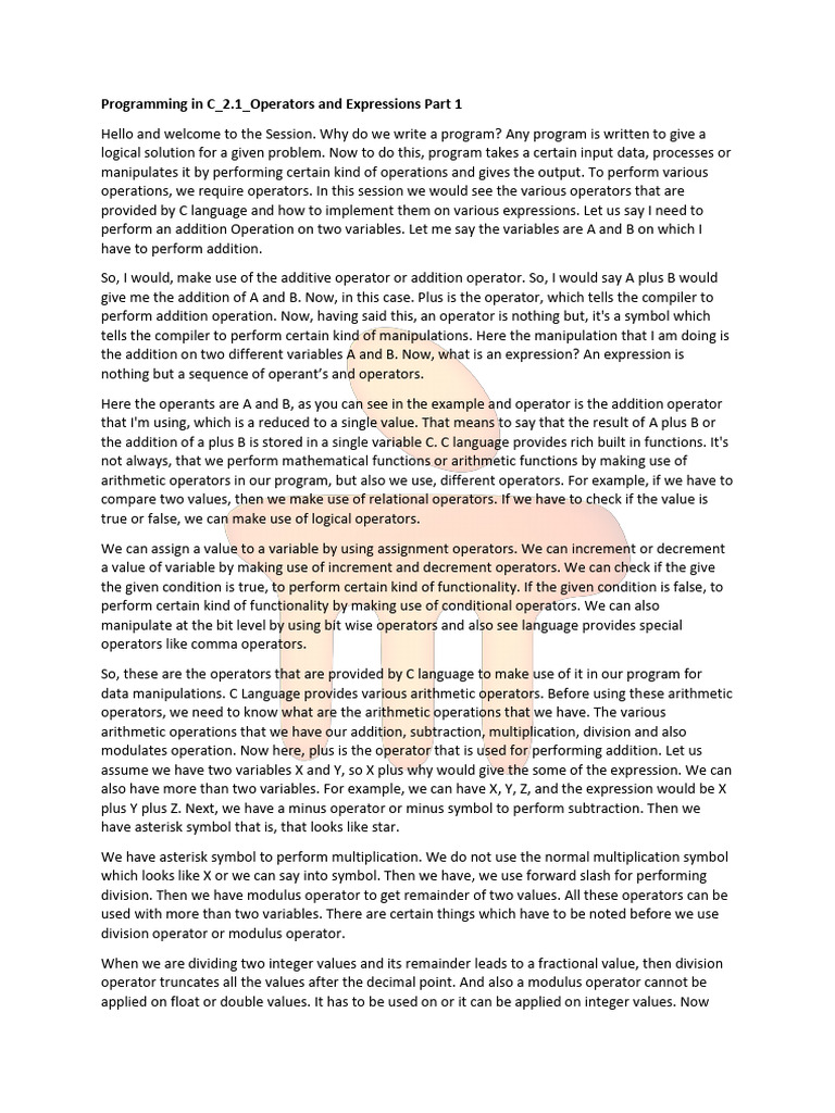 DCA1102-PROGRAMMING IN C - DE Unit 2 | PDF | Division (Mathematics) | Multiplication