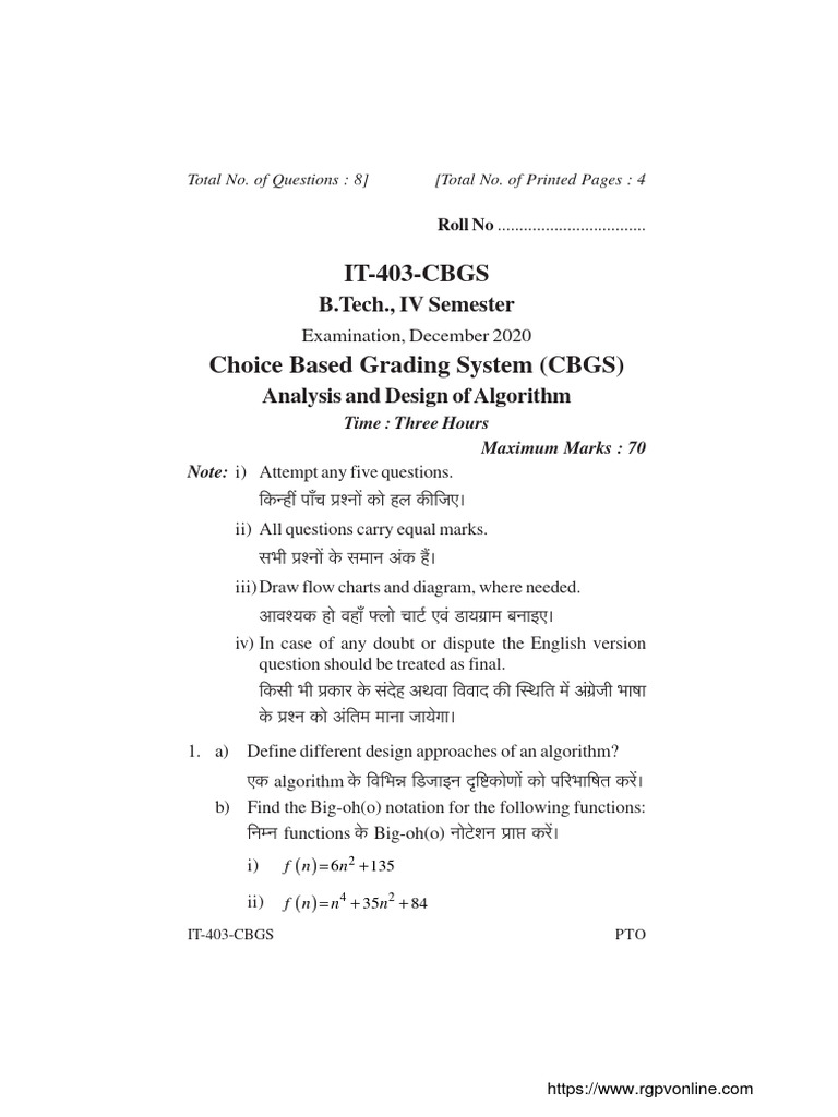 It 403 Analysis and Design of Algorithm Dec 2020 | PDF | Computer Programming | Discrete Mathematics
