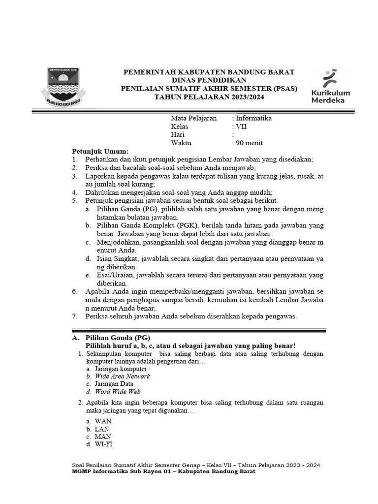 Soal Informatika Kelas 7 SMT Genap 2024 SR 1 | PDF