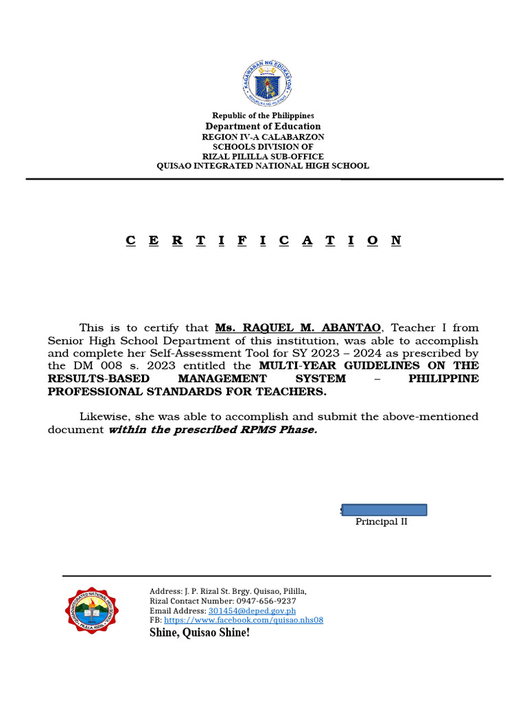 Certification of Teacher Raquel Abantao | PDF