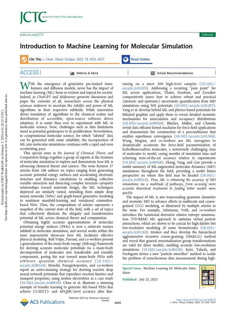 XXX (W 2369) Jackson Et Al 2023 Introduction To Machine Learning For Molecular Simulation | PDF ...