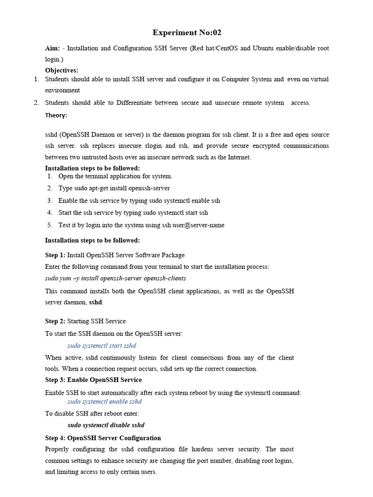 Experiment No:02: Sudo Yum - Y Install Openssh-server Openssh-clients 