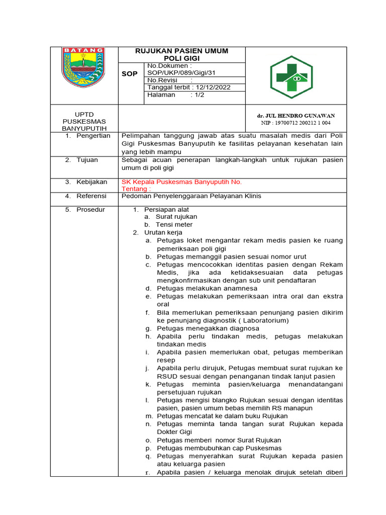 SOP Rujukan Pasien Umum Poli Gigi | PDF