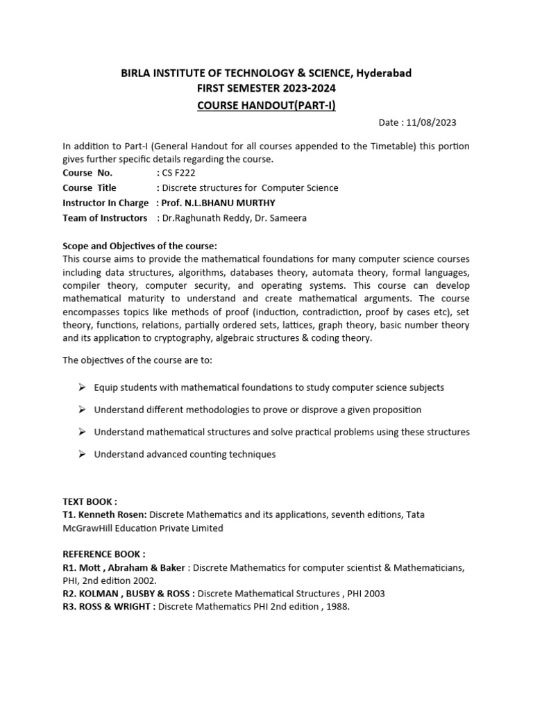 CS F222 Discr Struc For Comp Sci - Handout | PDF | Discrete Mathematics | Mathematics