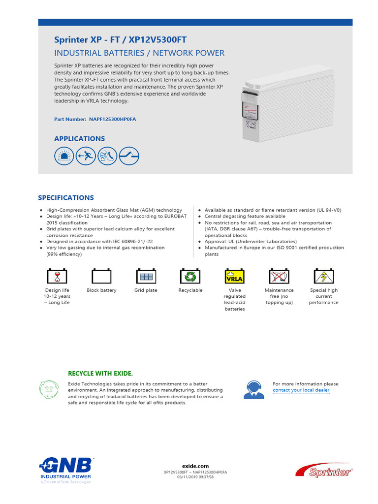 Sprinter XP12V5300FT Battery Data Sheet | PDF | Electrical Engineering ...