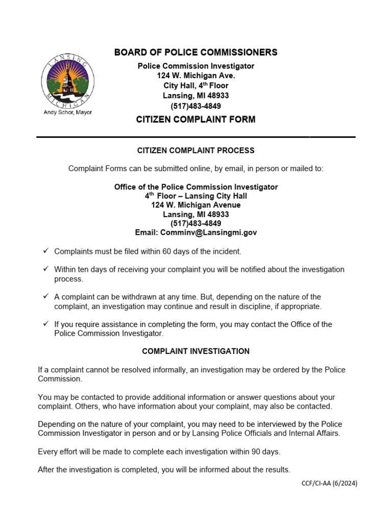 Citizen Police Complaint Form PDF | PDF | Complaint