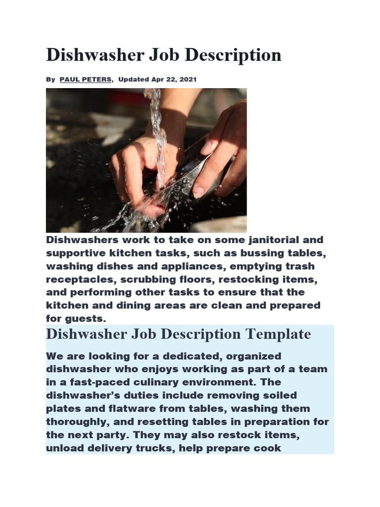 Dishwasher Job Discription | PDF | Cooking, Food & Wine | Wellness
