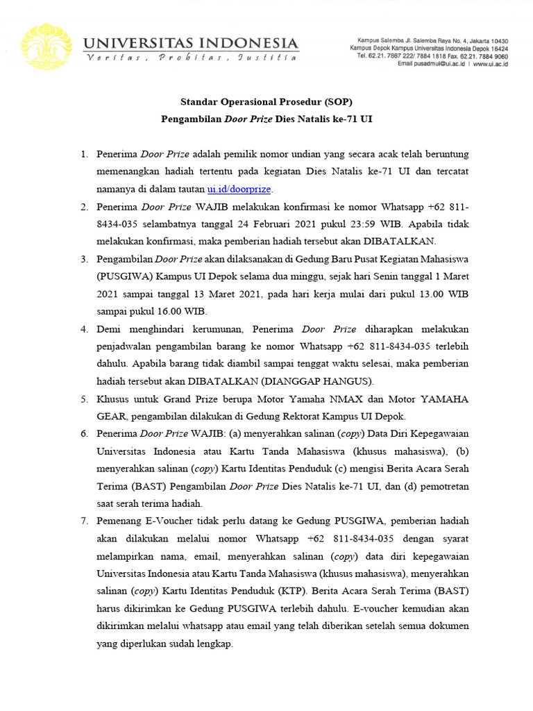 SOP Pengambilan Door Prize Dies Natalis Ke-71 UI | PDF