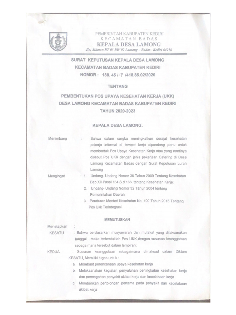 SK Pembentukan POS UKK | PDF