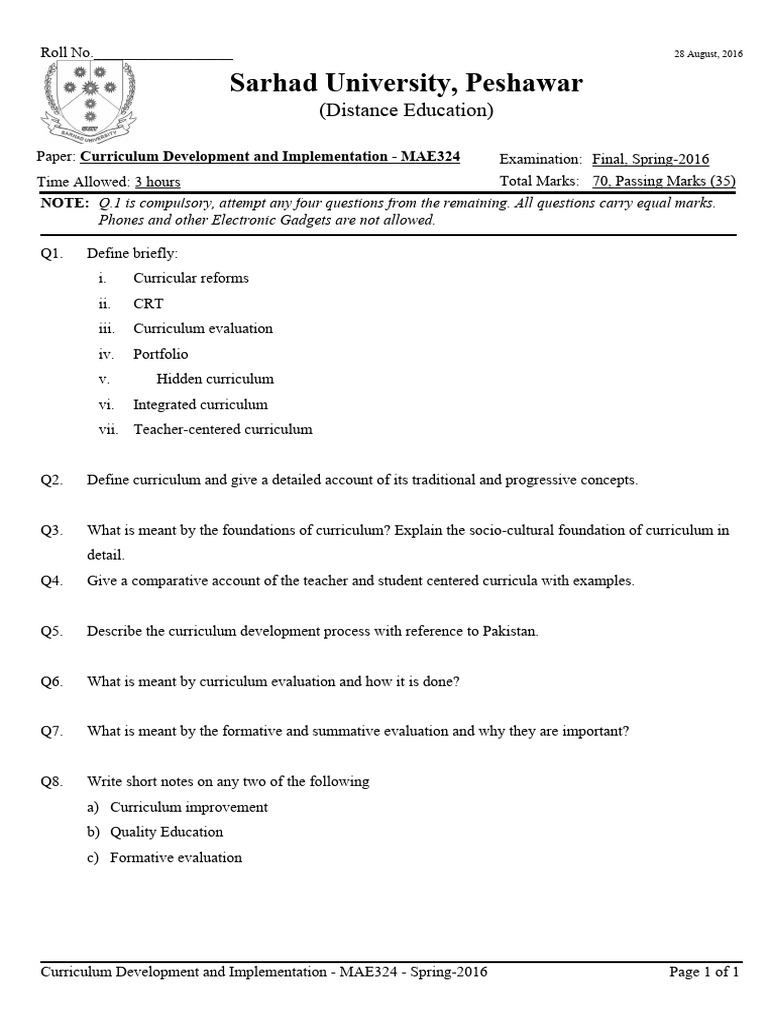 Past Papers Curriculum | PDF