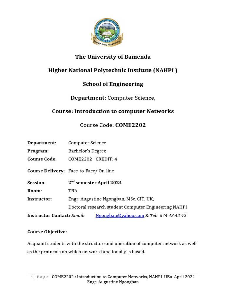 COME 2202 NAHPI Introduction To Computer Networks Course Outline April 2024docx | PDF | Computer ...