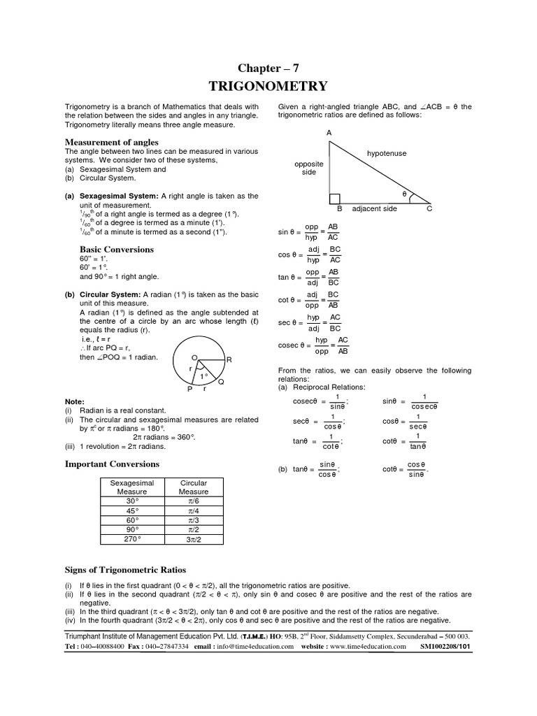 Chapter 7 Trigonometry | Download Free PDF | Trigonometry | Angle