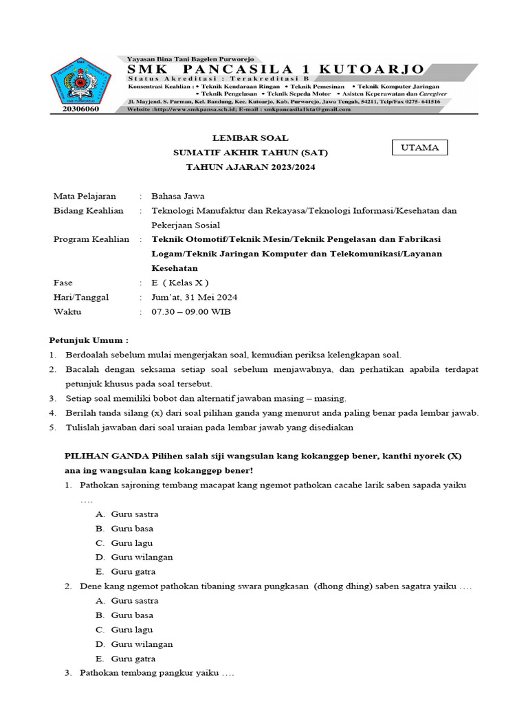 Format Lembar Soal Sat X | PDF