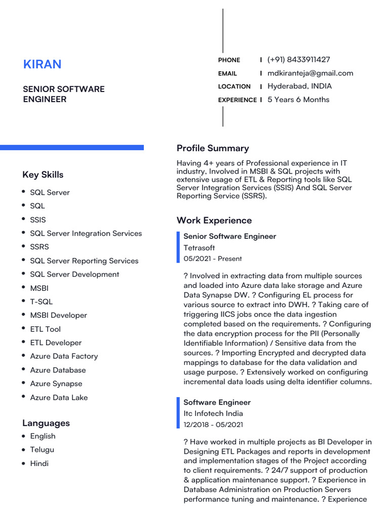 Kiran - ETL SSIS - Advent Biztech | PDF | Microsoft Sql Server | Computer Data