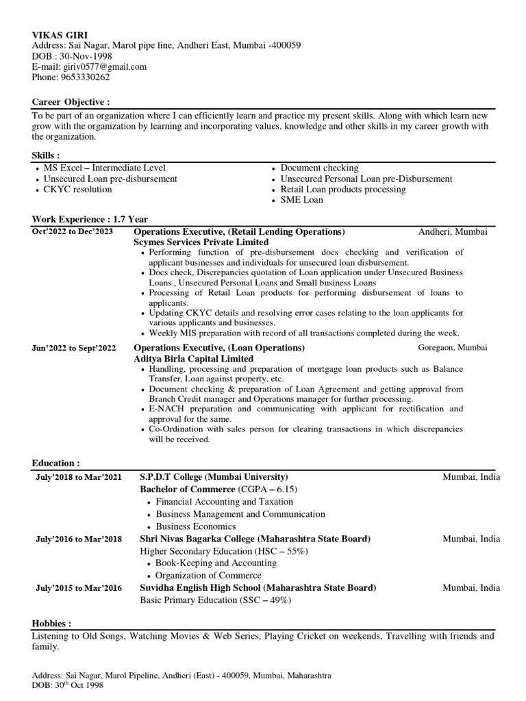 Vikas - CV | PDF | Loans | Financial Services
