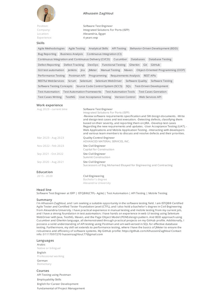 Alhussein Zaghloul | PDF | Selenium (Software) | Quality Assurance